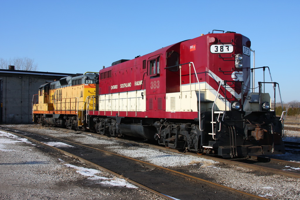Railpictures.ca - Don Janes Photo: OSR 383 and sister, ex C&O GP-9 175, sit outside Lambton ...