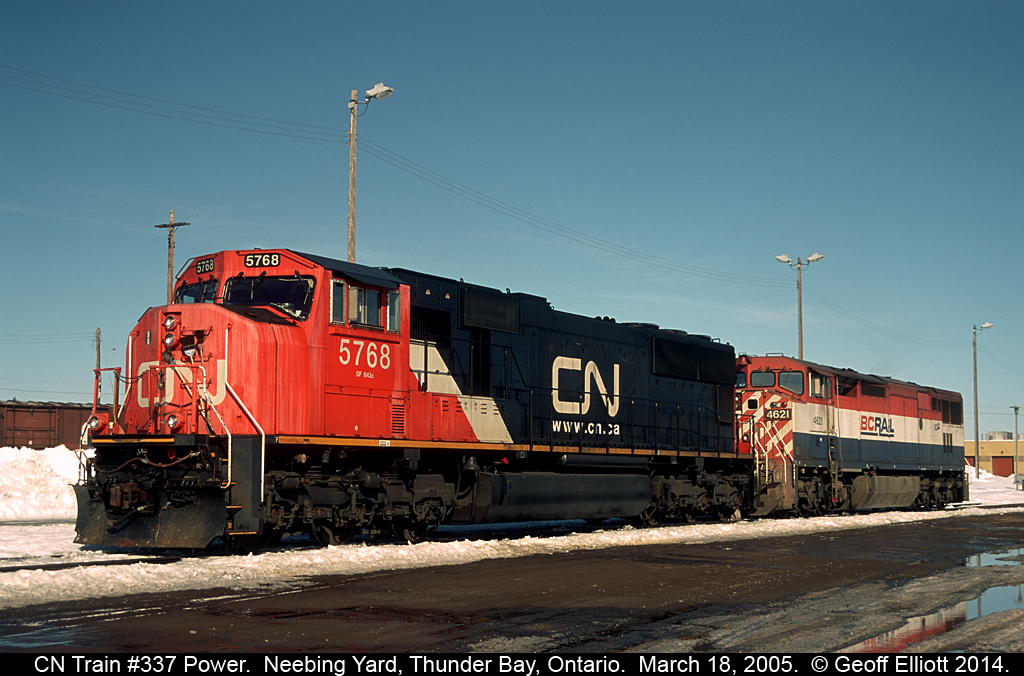 Railpictures.ca - Geoff Elliott Photo: CN 5768 and BCOL 4621, power for CN train #337, lay over ...