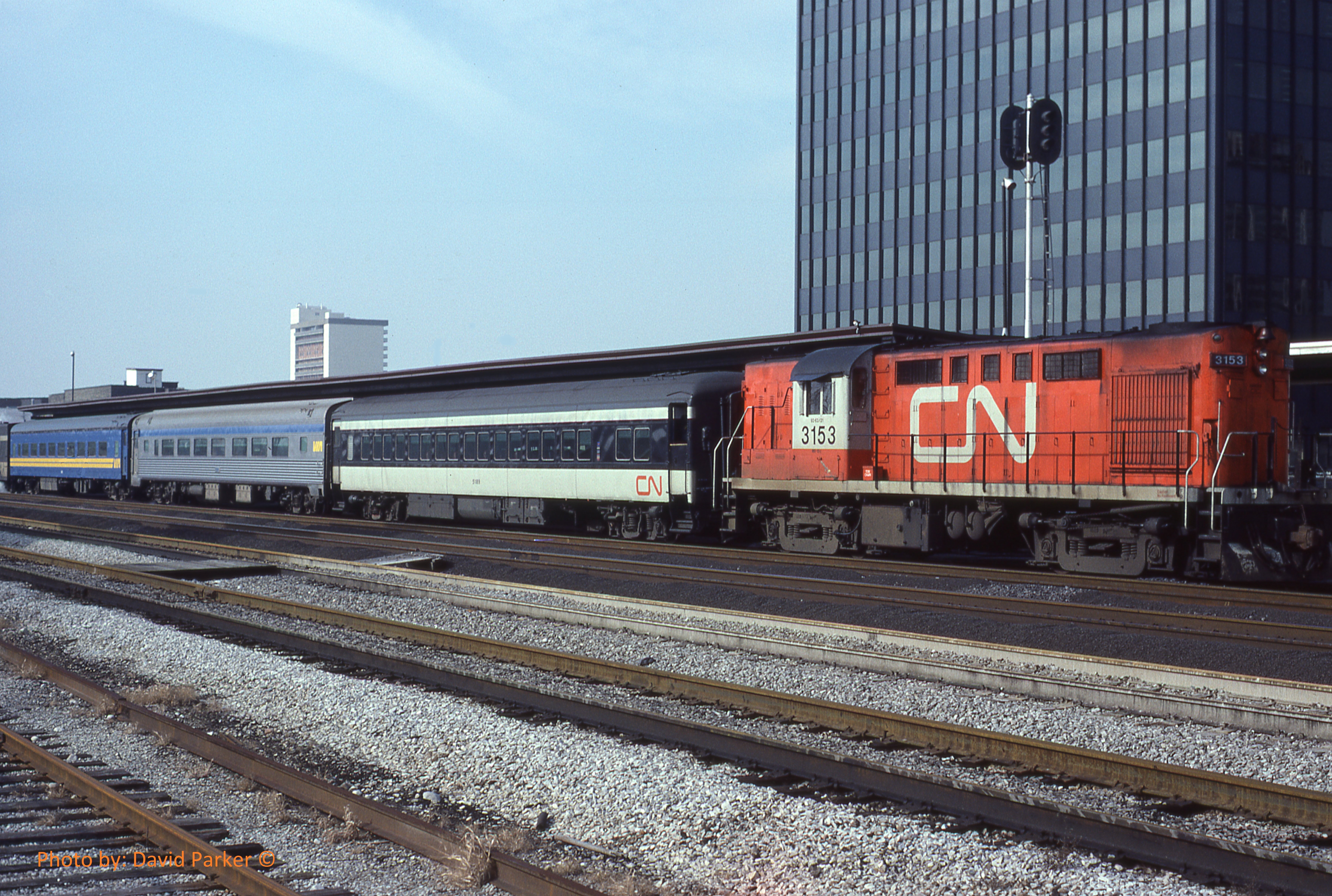 Railpictures.ca - David J Parker Photo: A VIA train waits at London with a mix of “One-of-each ...