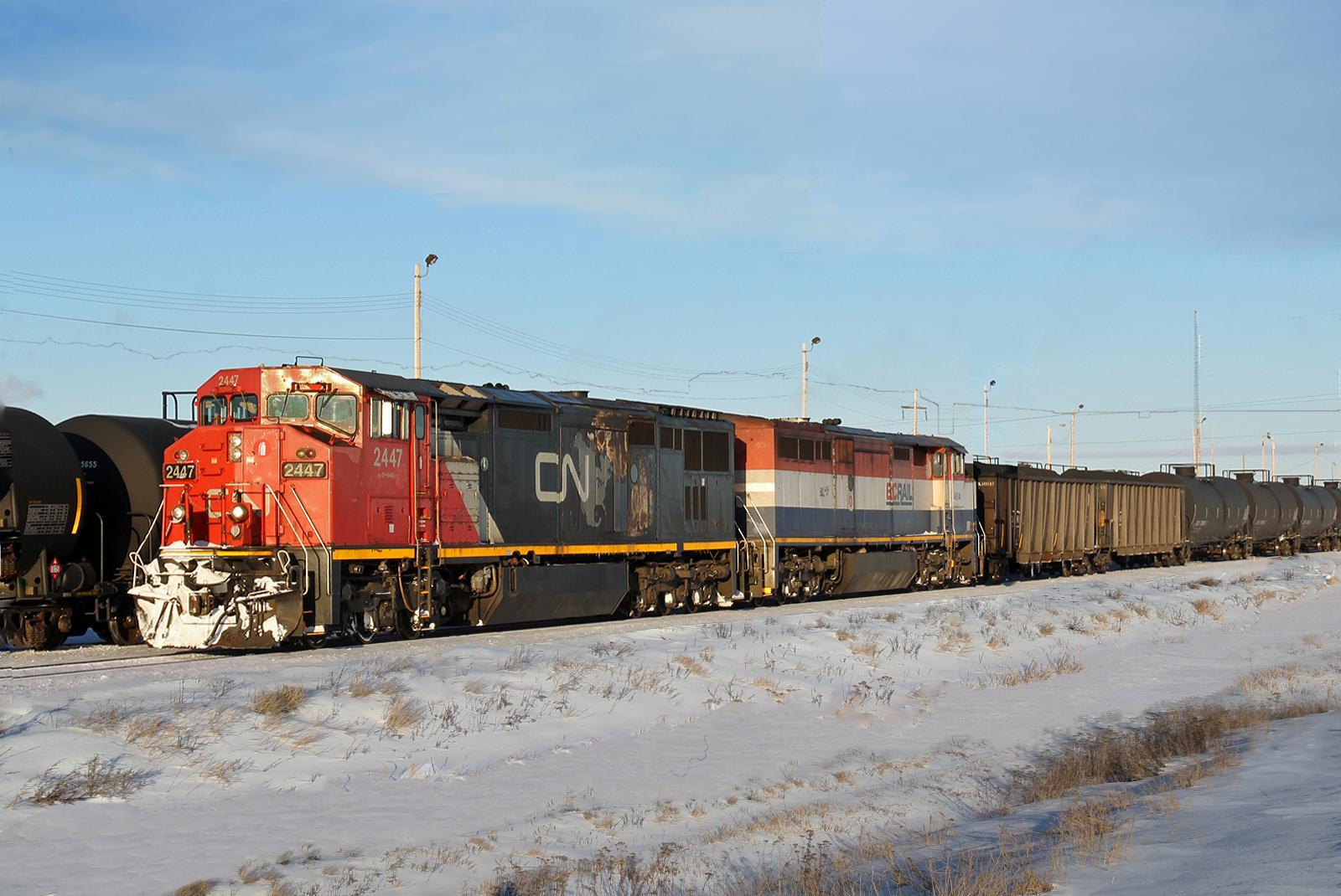 Railpictures.ca - colin arnot Photo: Dash 8-40CM CN 2447 and Dash 8-40CMu BCOL 4614 wait for ...