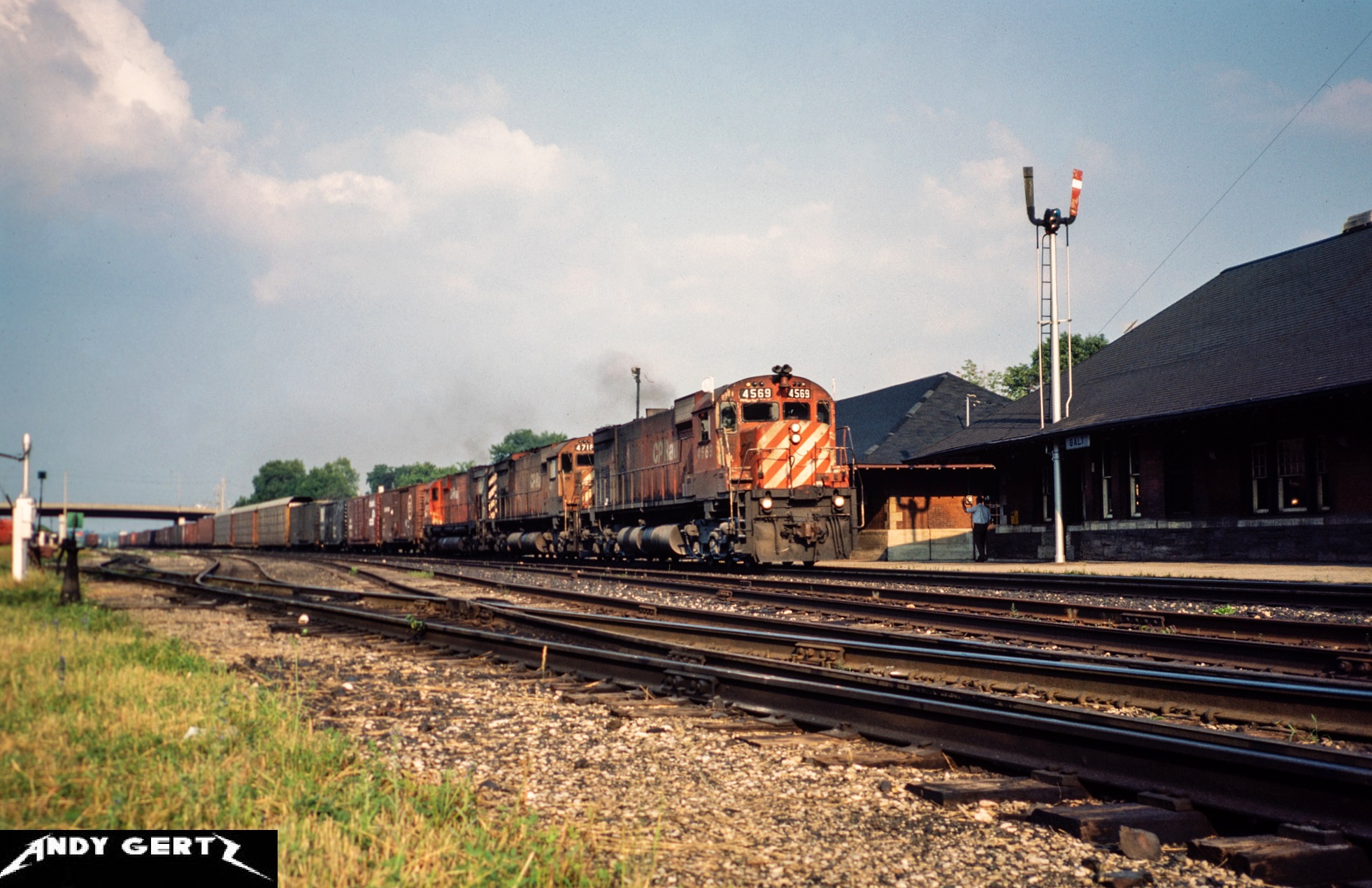 Railpictures.ca - Andy Gertz Photo: CP 4569 and two other big MLW’s lead a westbound by the Galt ...