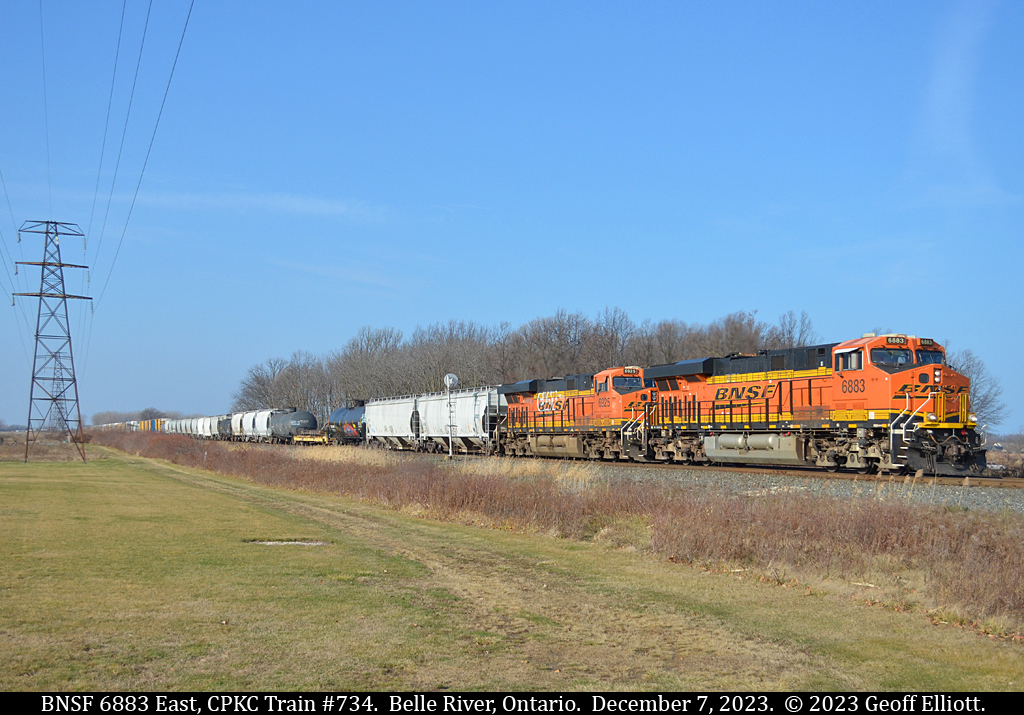 Railpictures.ca - Geoff Elliott Photo: CPKC Train #734, with the BNSF duo of 6883 and 6925, head ...