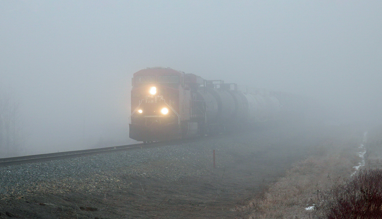 Railpictures.ca - colin arnot Photo: Appearing out of the fog CP 8787 approaches Range Road 222 ...