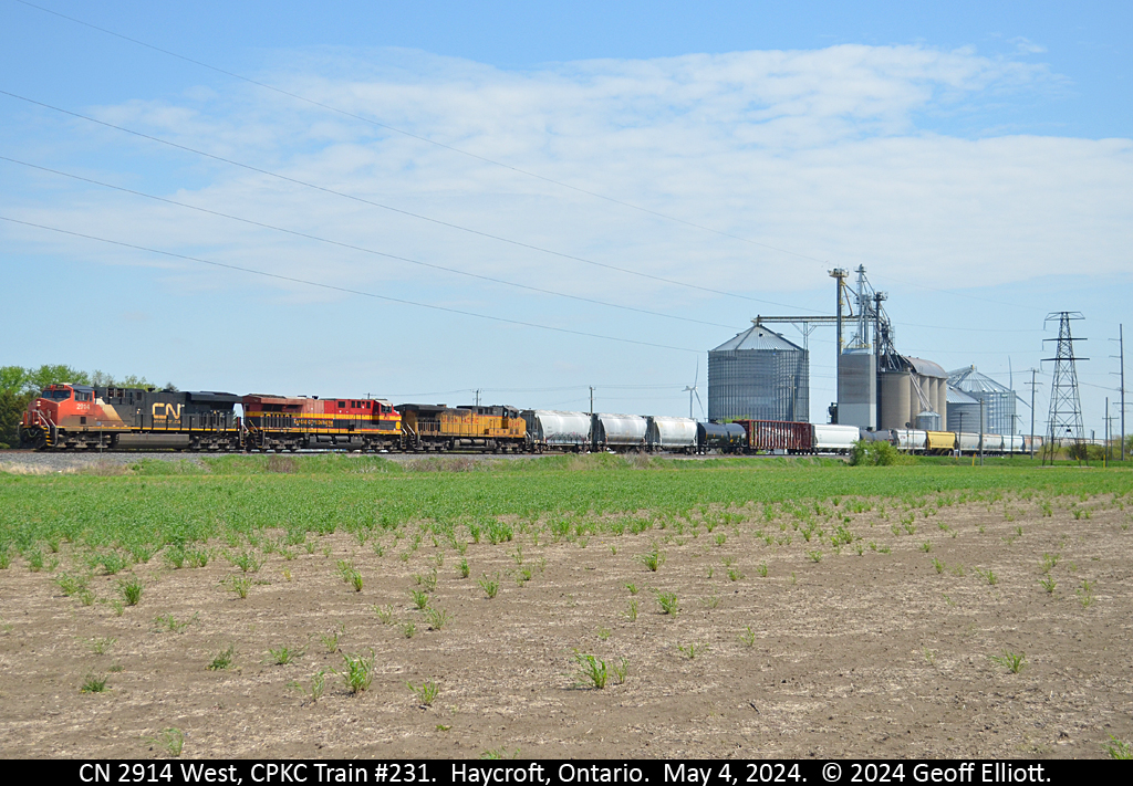 Railpictures.ca - Geoff Elliott Photo: CPKC train #231 rolls through Haycroft, Ontario on May ...