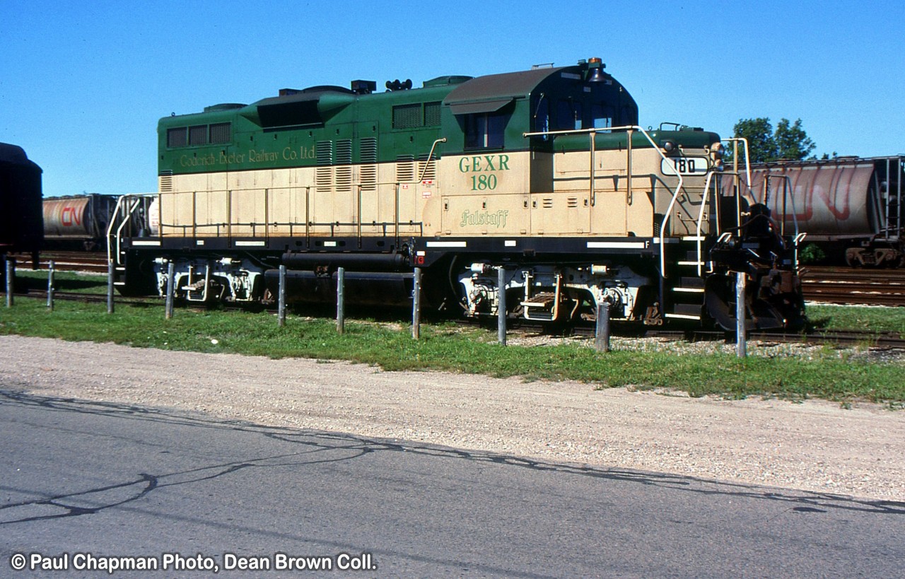 Railpictures.ca - Paul Chapman Photo, Dean Brown Coll. Photo: GEXR GP9u 180 at Goderich, ON ...