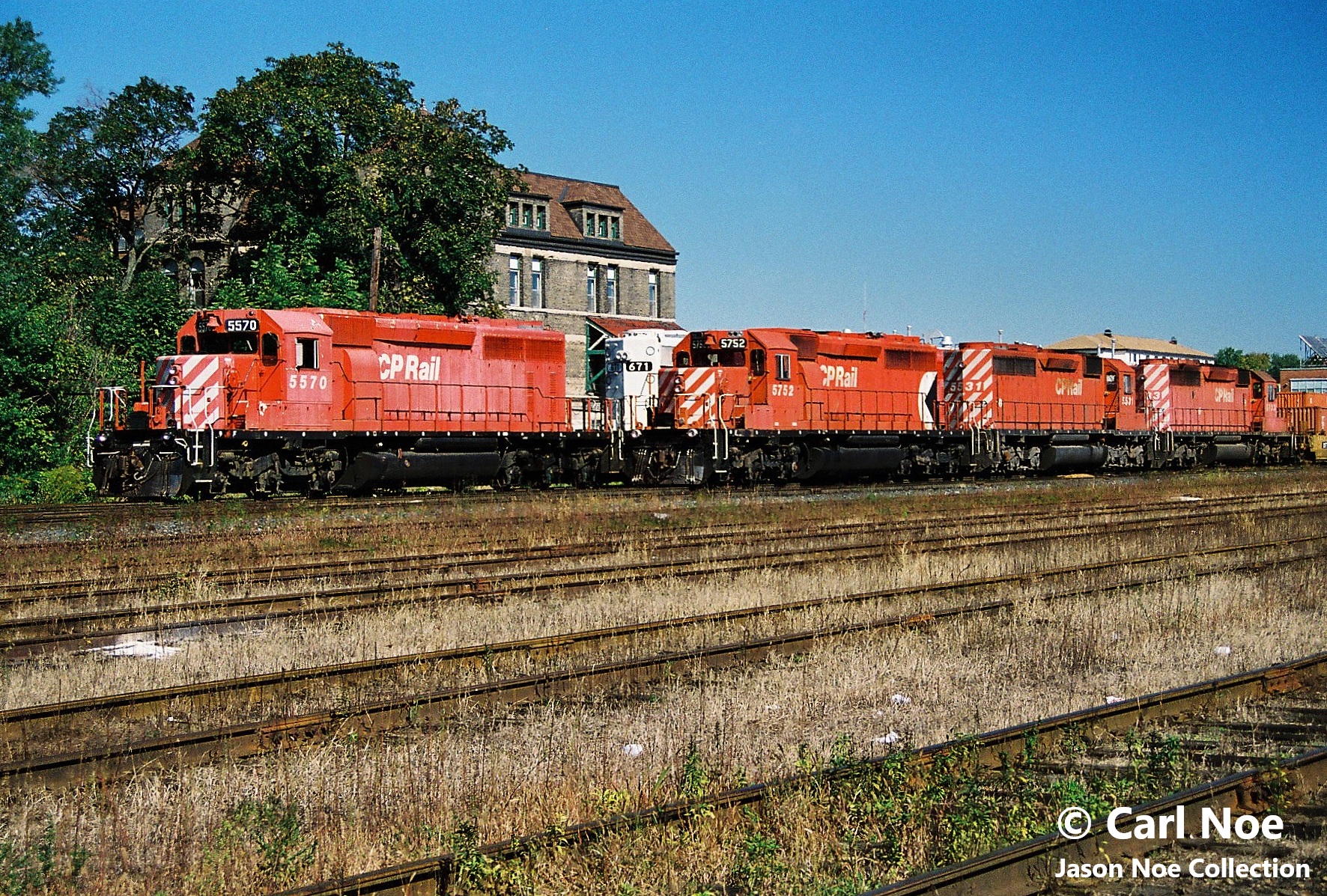 Railpictures.ca - Carl Noe (Collection of Jason Noe) Photo: A pair of CP westbound trains await ...