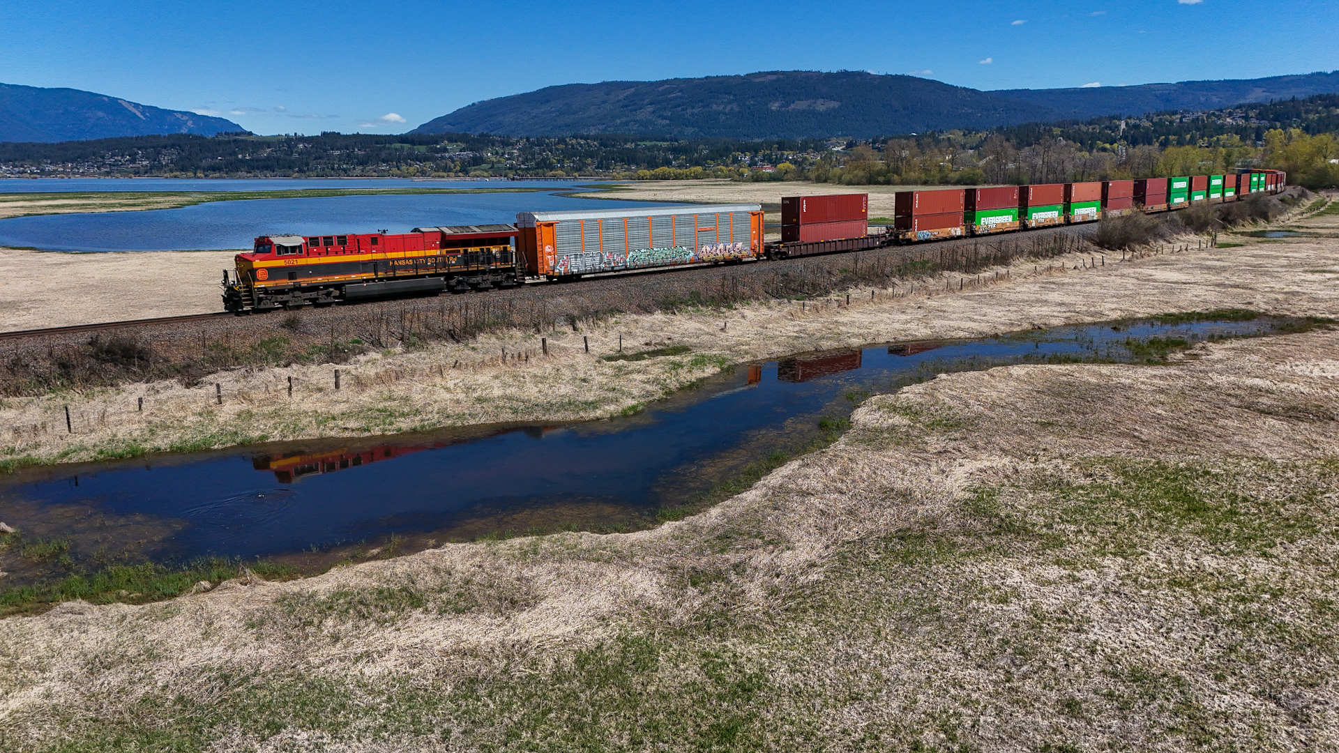 Railpictures.ca - Rob Eull Photo: CPKC 103-19: KCS 5021 and DP unit KCS 4836 depart Salmon Arm ...